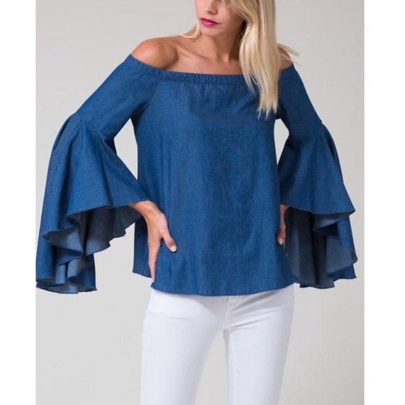 Tops | Denim Off Shoulder Ruffle Bell Sleeve Shirt Top | Poshmark